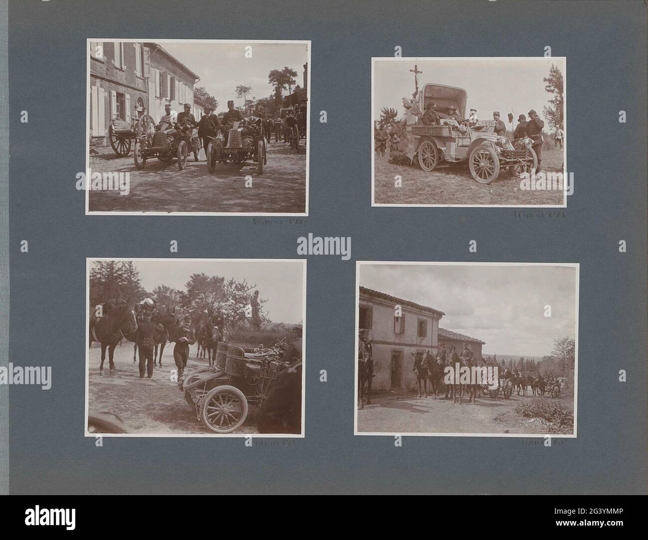 Cavalry with carts at a house in France. Part of photo album from a ...