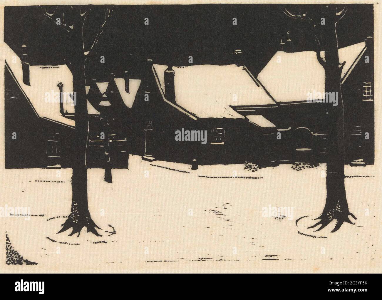 Snowy square with two trees; Snow on the square. A snowy square with ...