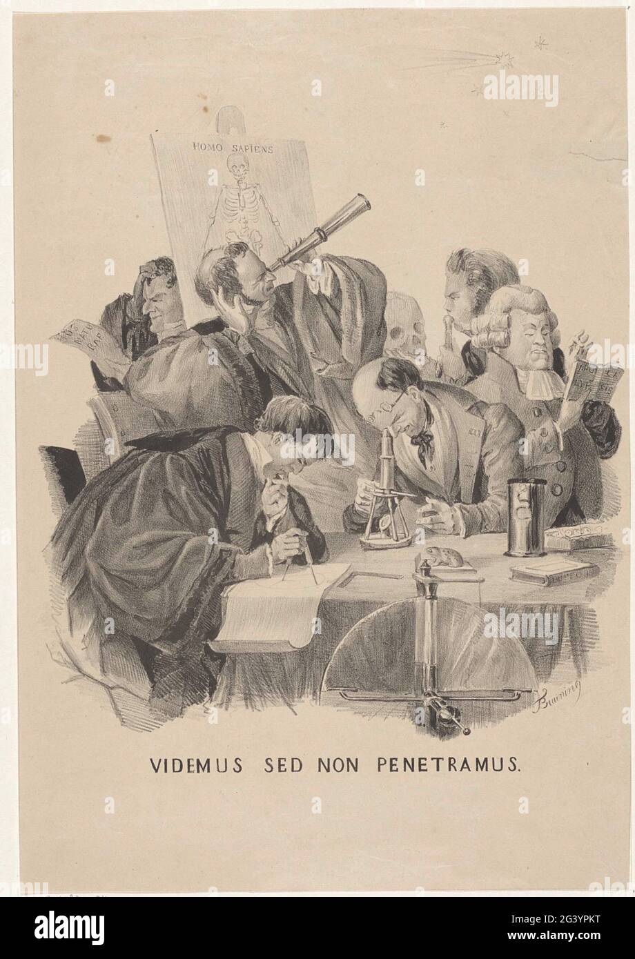 Cartoon about scientists; Videmus non penetramus. A group of scientists ...