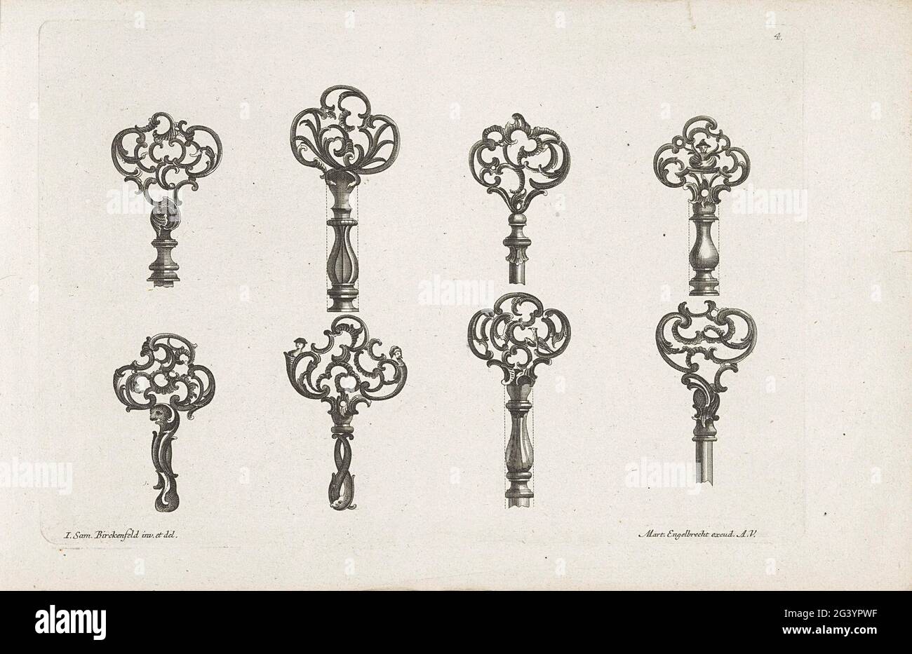 Eight key designs with animal motifs; Designs for locks and keys. Two ...