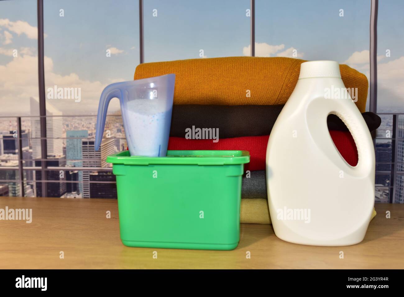 Detergents cliquid for washing machine on the window background ...
