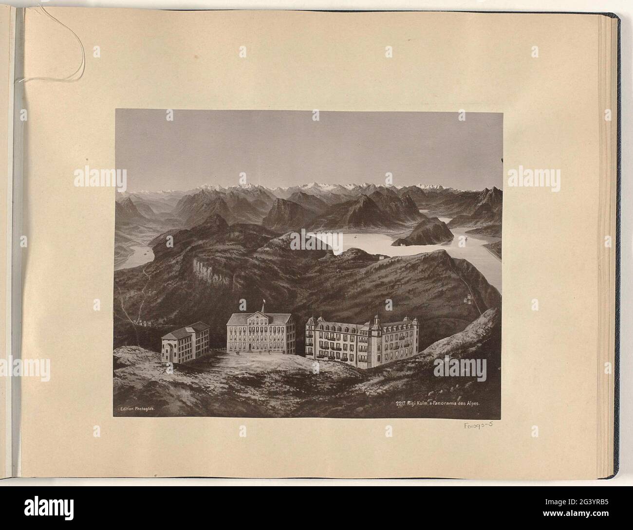 Photo production of (presumably) a drawing of an alpine panorama at ...