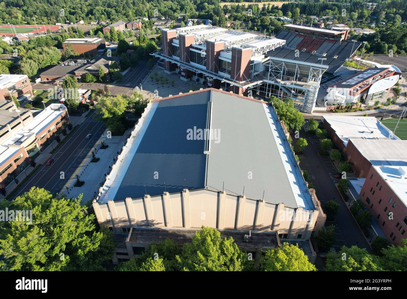 An aerial view of Gill Coliseum on the campus of Oregon State, Thursday ...