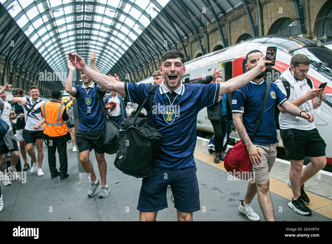 KINGS CROSS LONDON 18 June 2021. Scottish Tartan army football fans ...
