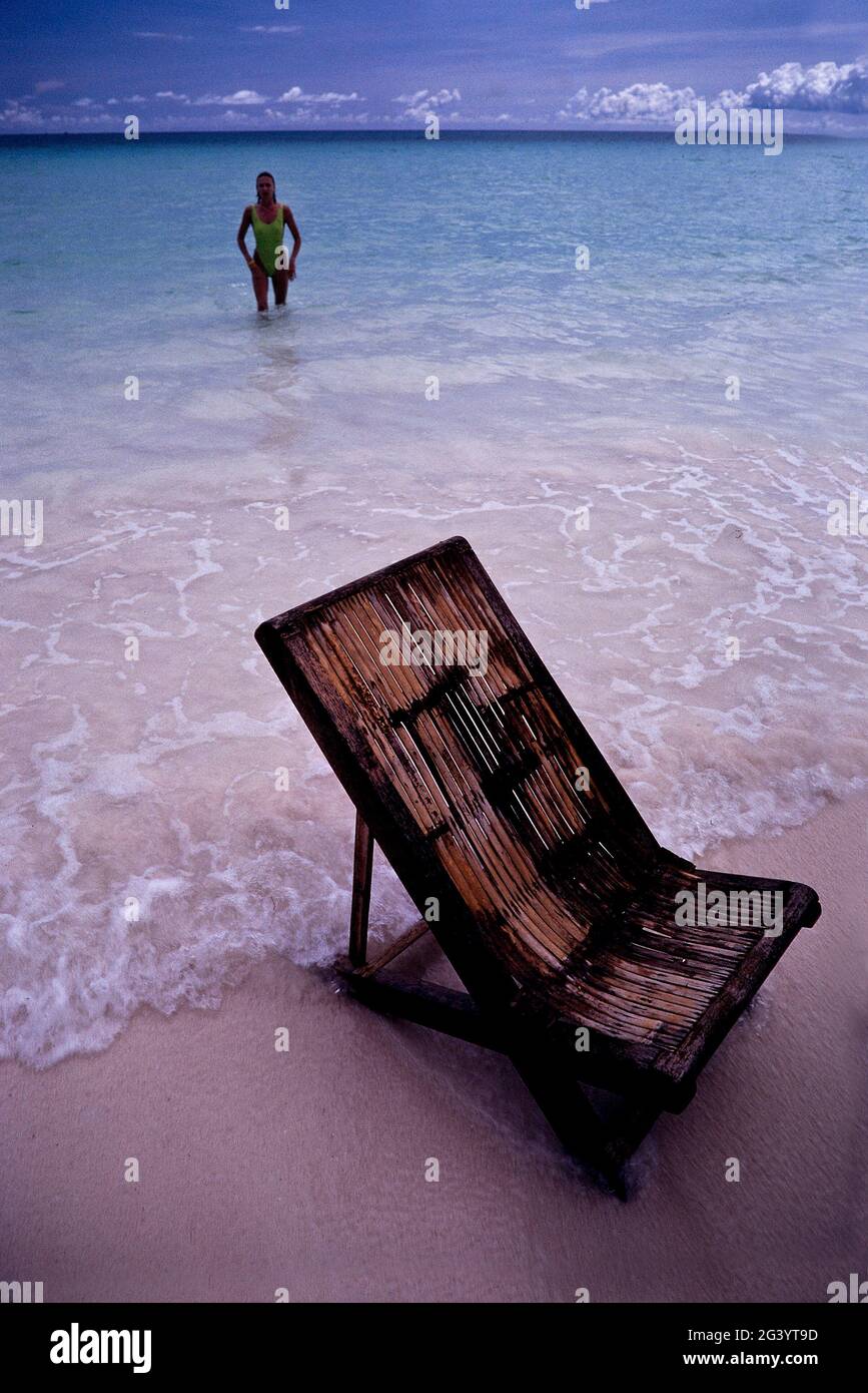 Female beach model in one piece bathing suit in Boracay Philippines on ...