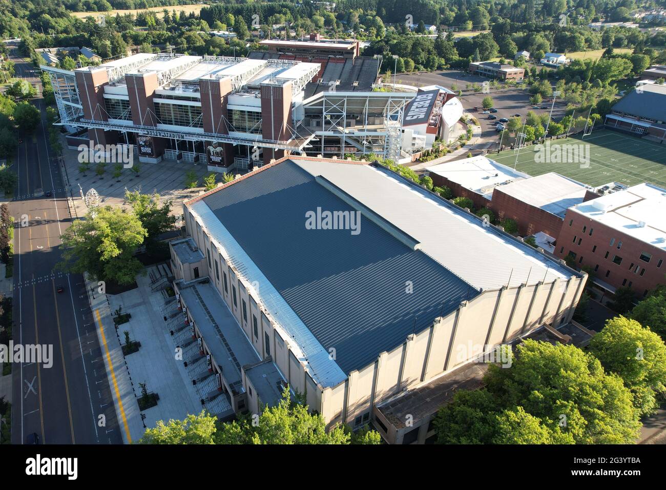 An aerial view of Gill Coliseum on the campus of Oregon State, Thursday ...