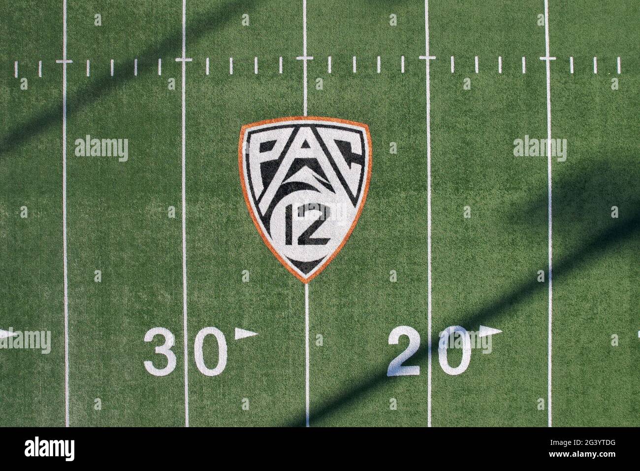 An aerial view of the Pac-12 Conference logo on thef Reser Stadium ...
