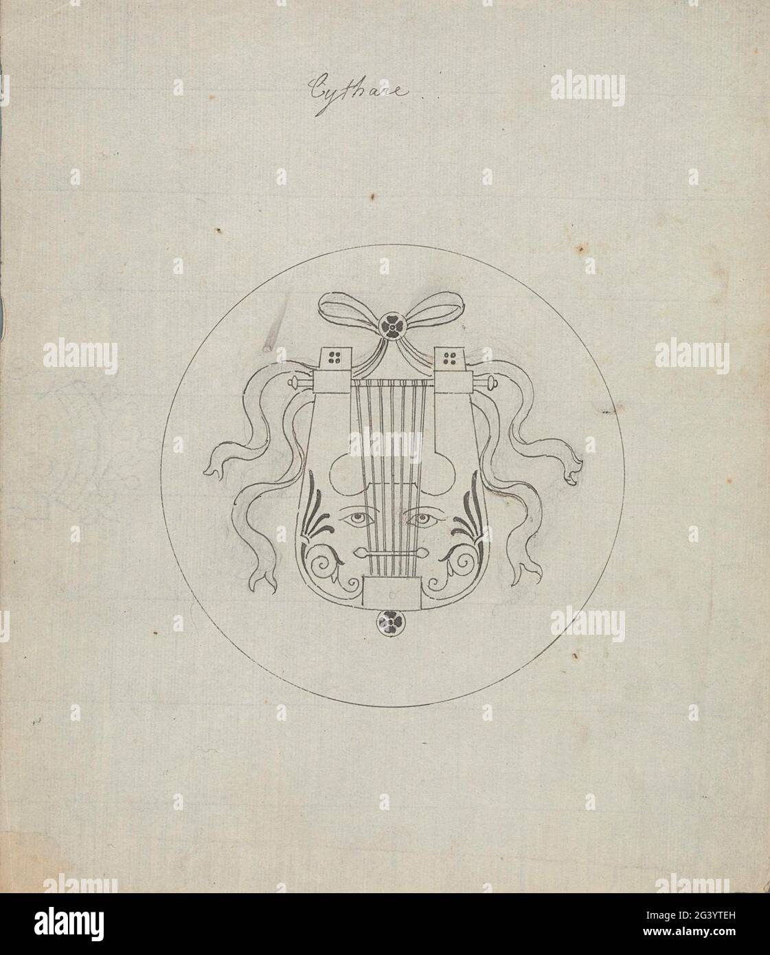 Cythare; Design for marquetery of musical instrument hung up to ribbons ...