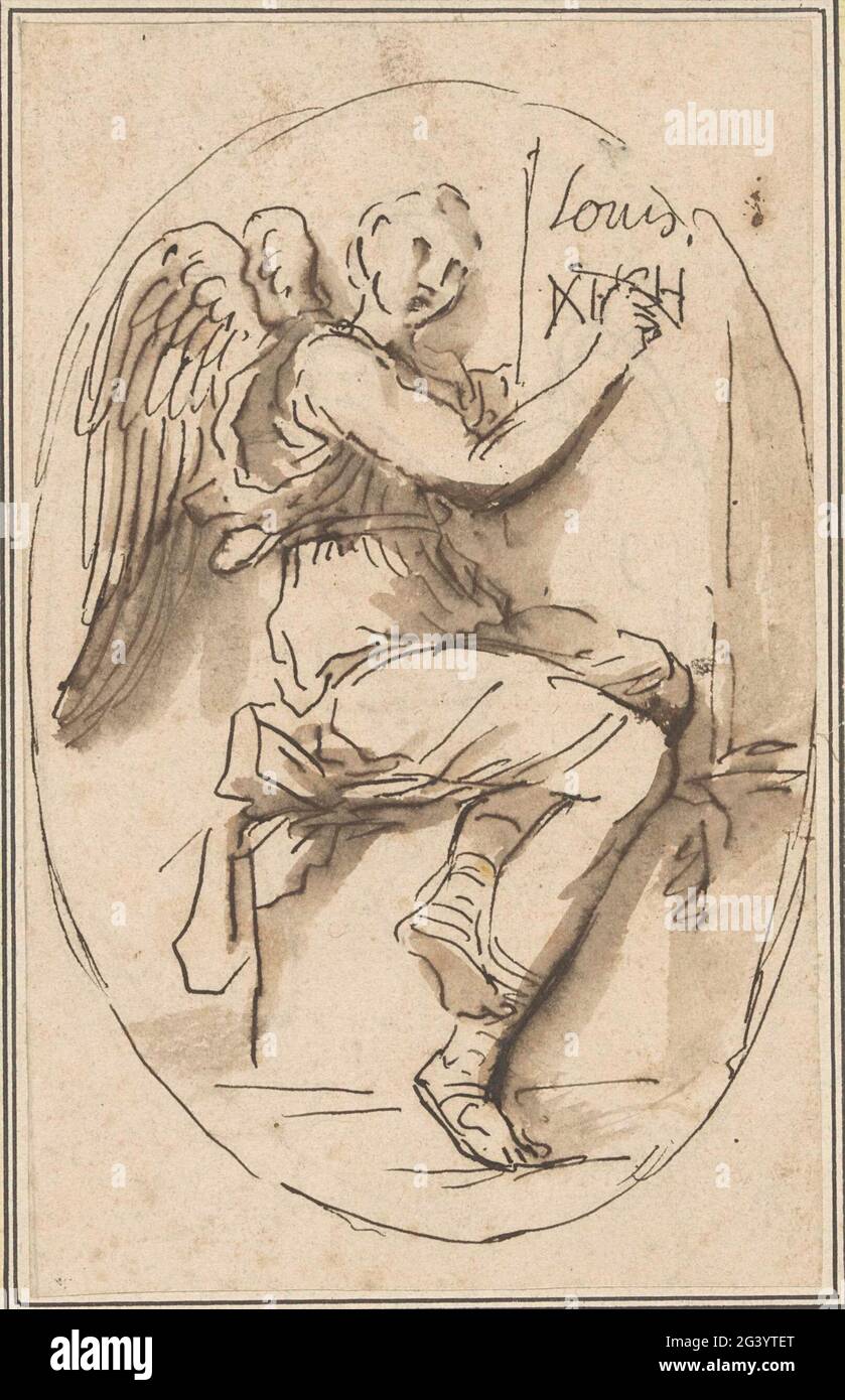 Writing angel. A writing angel in an oval frame. Design for a grave ...