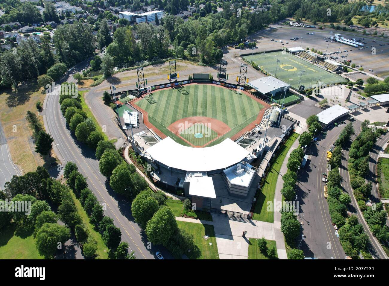 An aerial view of PK Park on the campus of University of Oregon ...