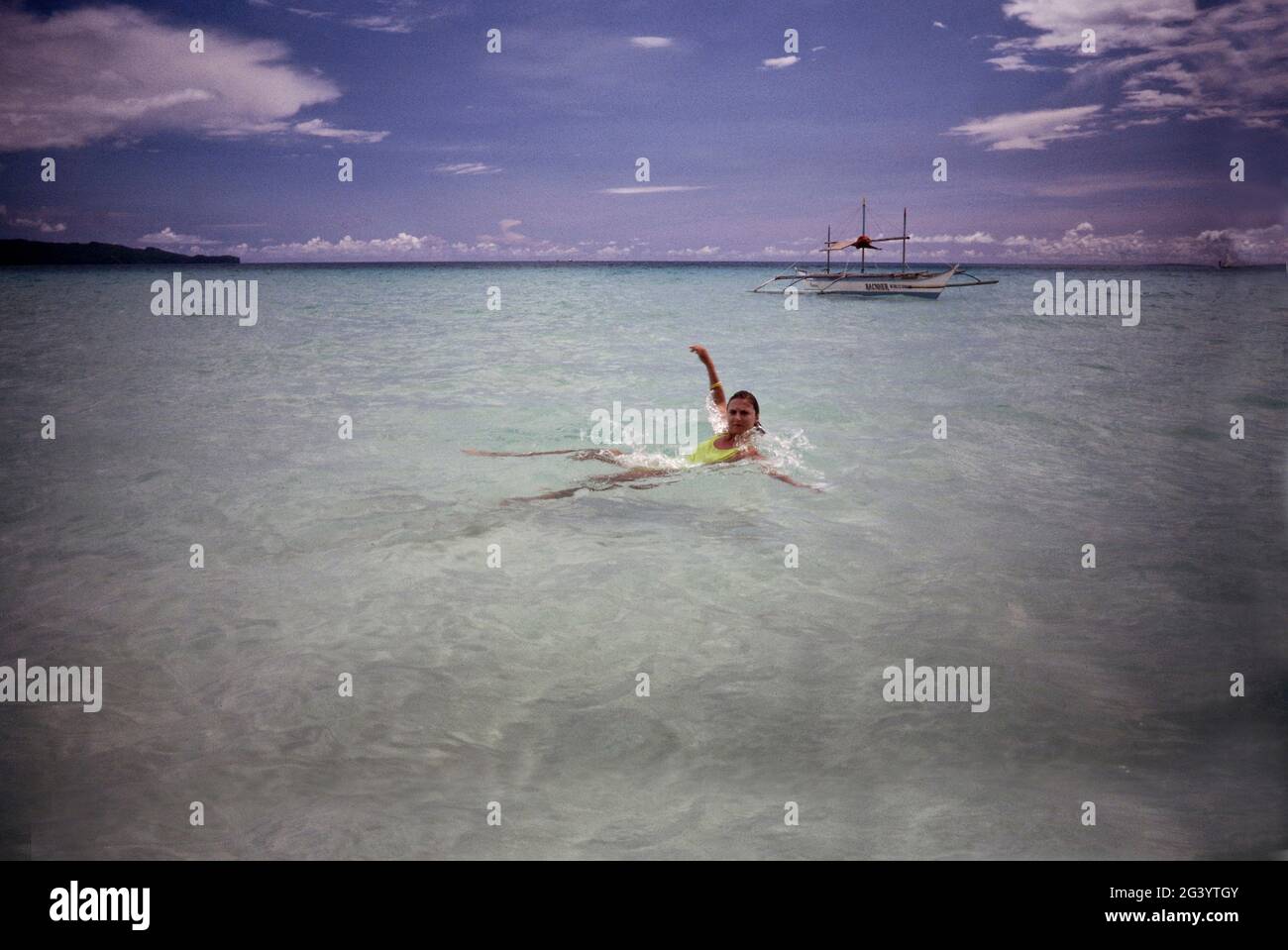 Female beach model in one piece bathing suit in Boracay Philippines on ...