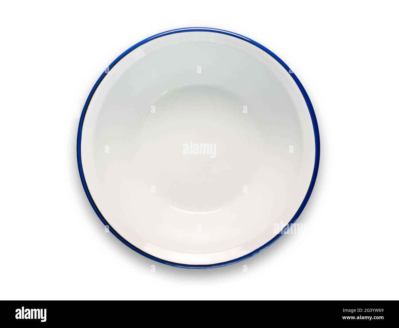 top view of white enamel bowl with blue rim isolated on white ...