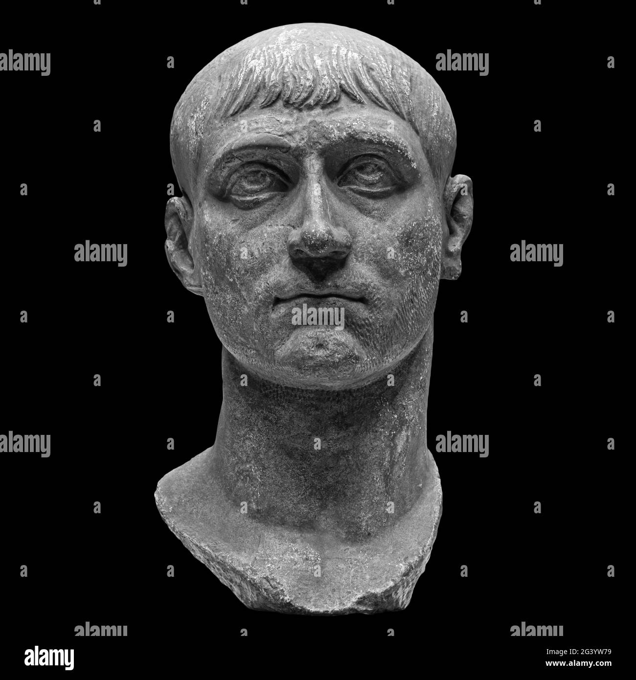 Head detail of the ancient man sculpture. Stone face isolated on black ...