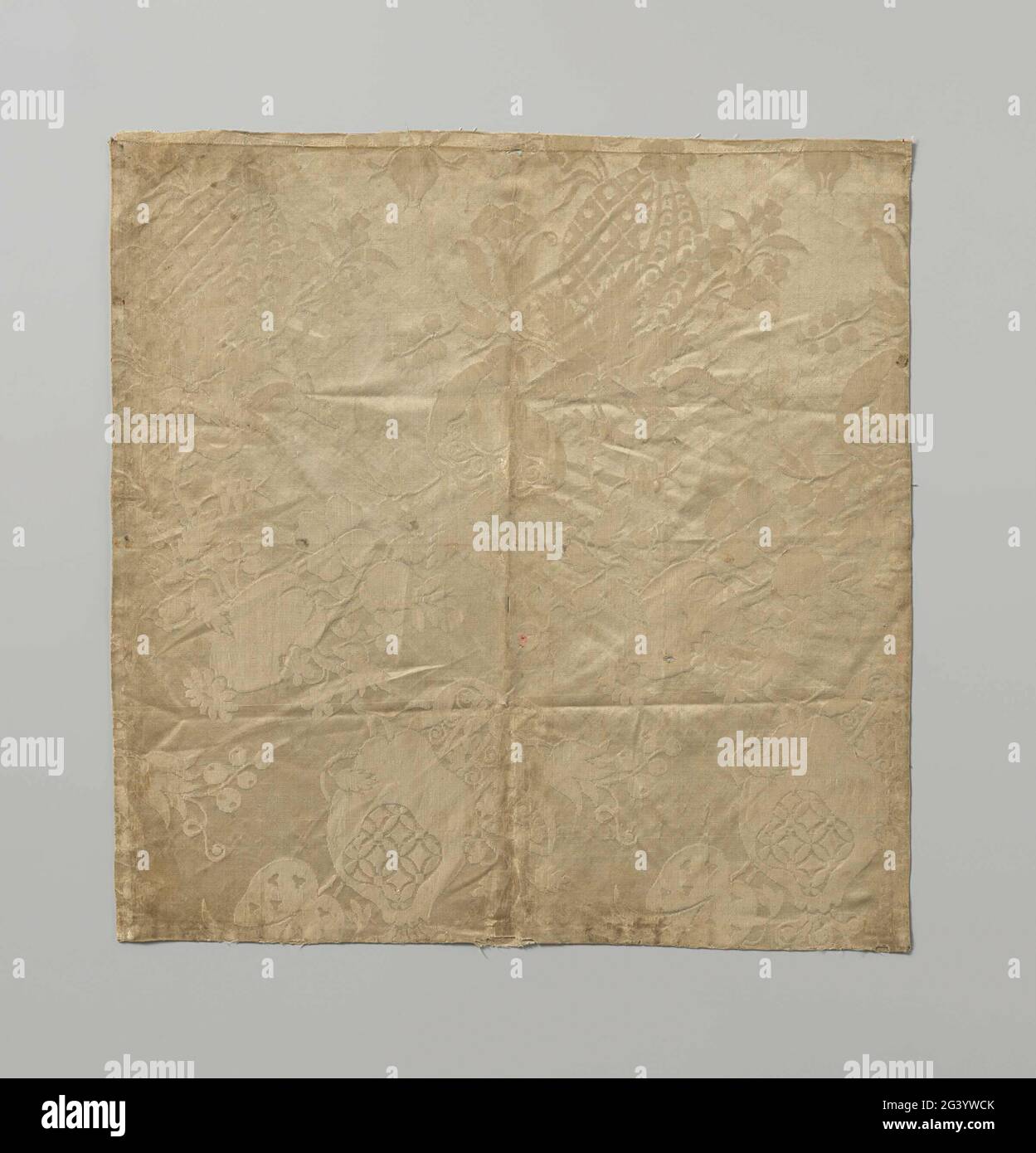 Fragment crème colored silk damask with pattern of fruits, flowers and ...
