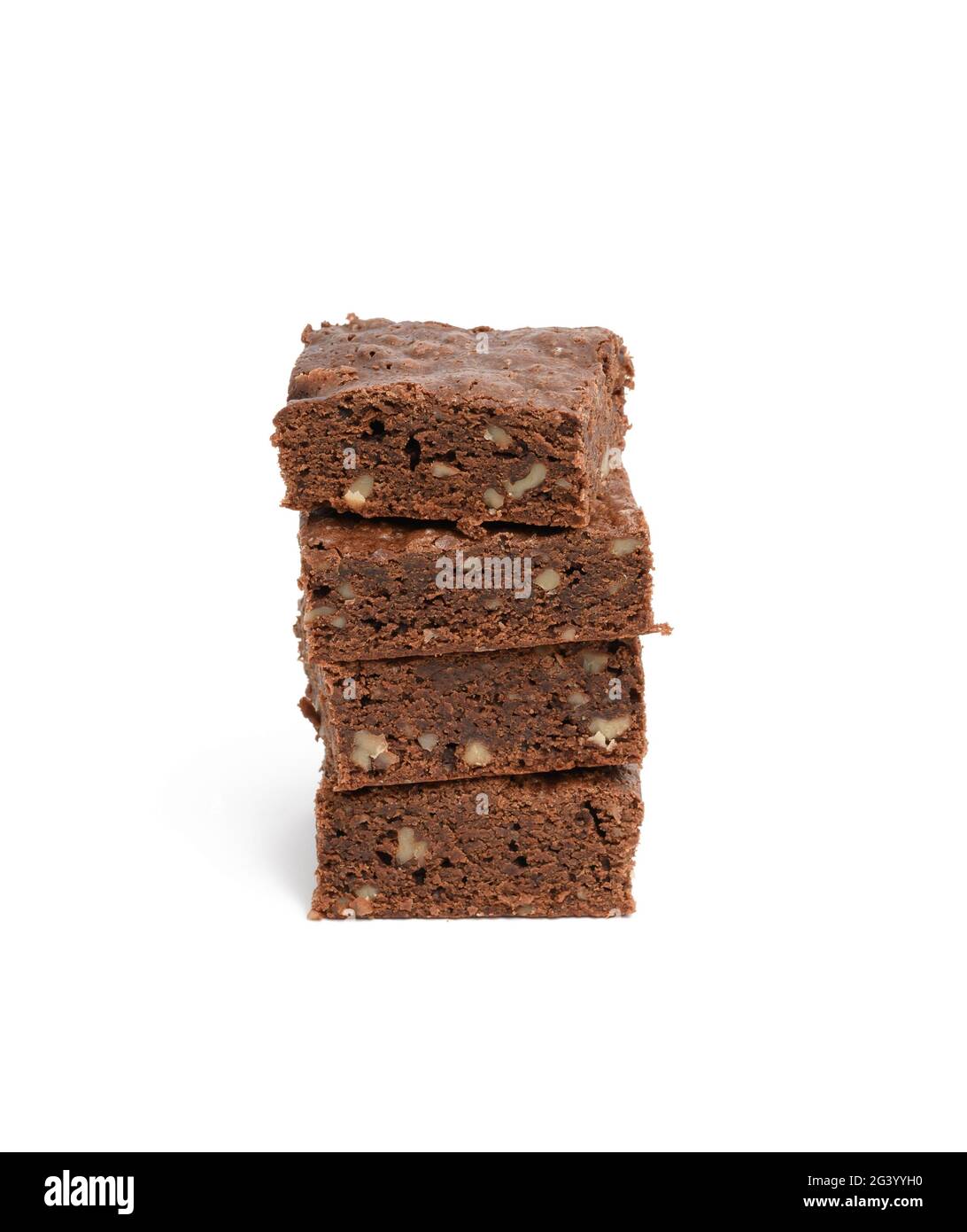 Stack of baked chocolate brownie pieces with walnut isolated on white ...