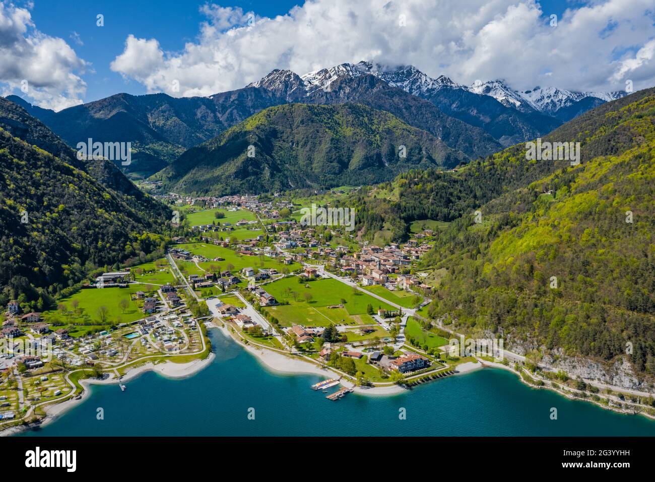 The Improbable aerial landscape of village Molveno, Italy, azure water ...