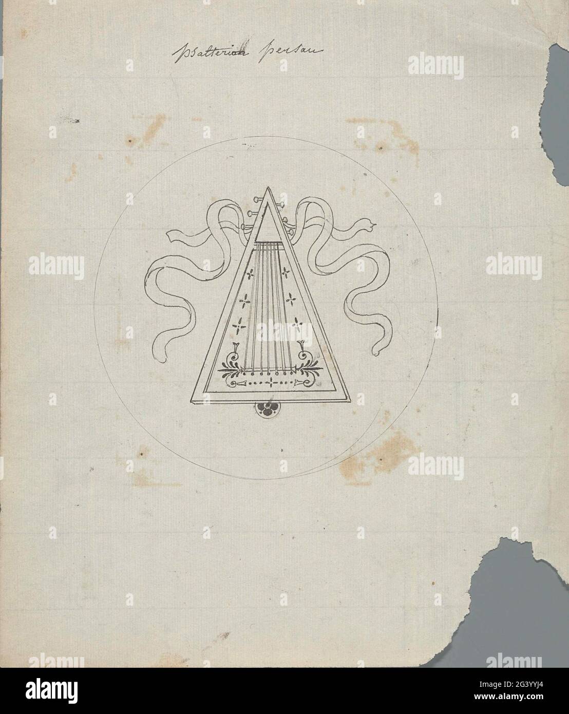 Psalterion Persan; Design for marquetery of musical instrument hung up ...