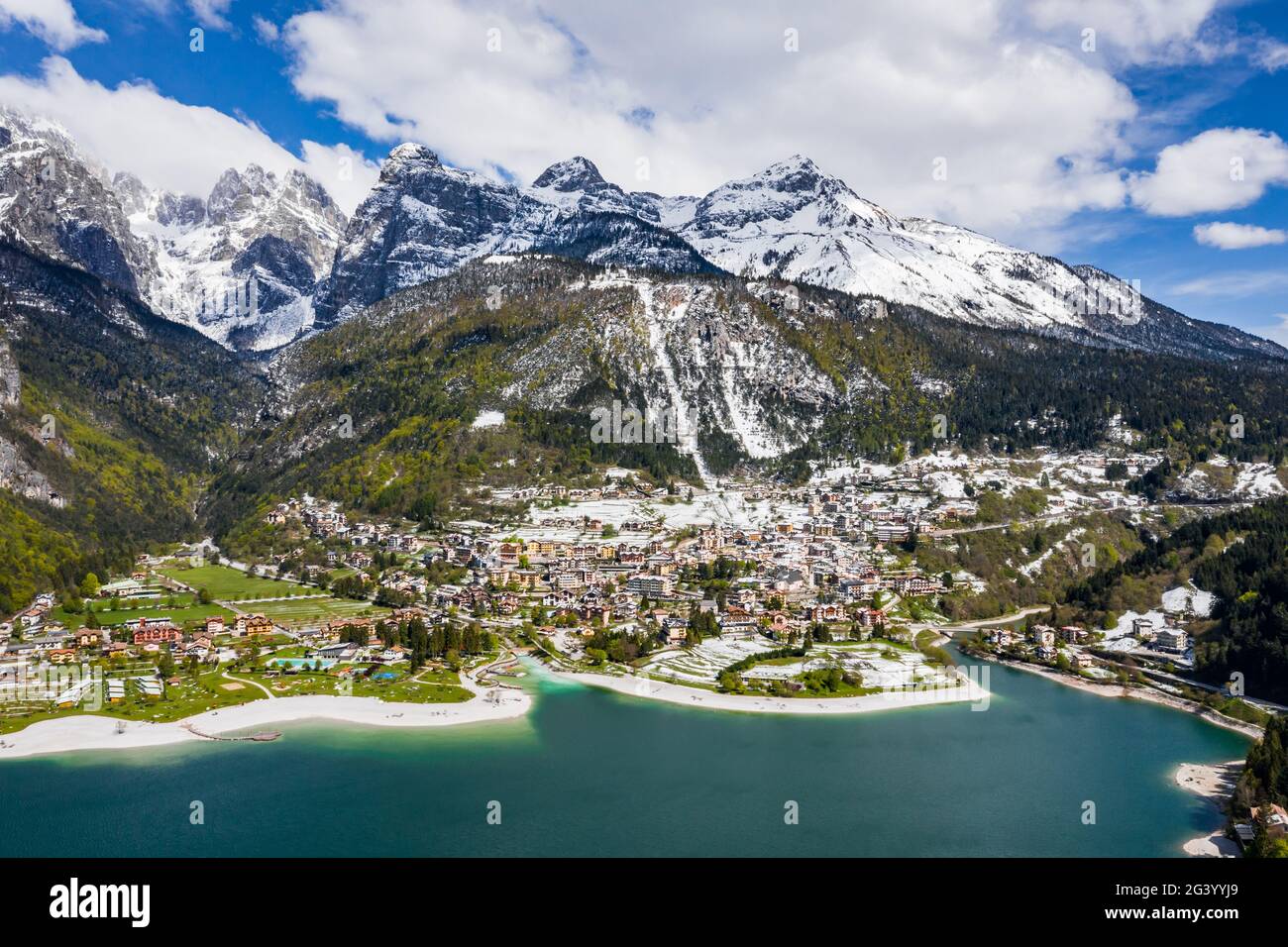 The Improbable aerial landscape of village Molveno, Italy, azure water ...