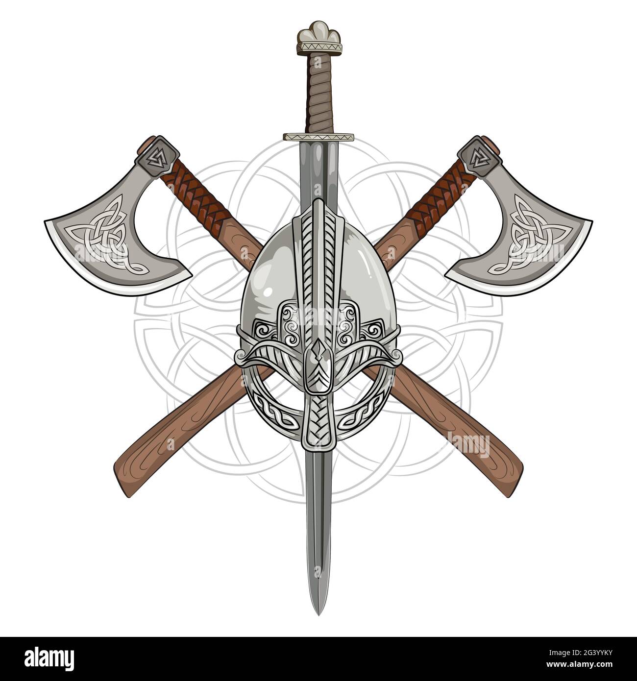 Viking helmet, crossed viking axes and in a wreath of Scandinavian ...