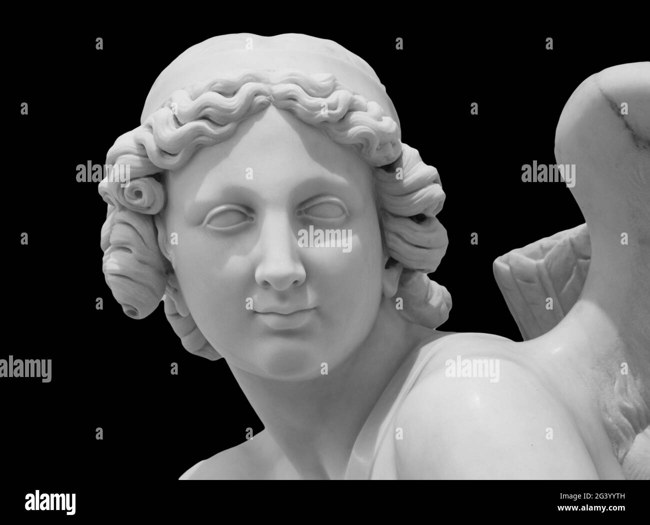 Ancient white marble sculpture head of angel. Antique statue isolated ...