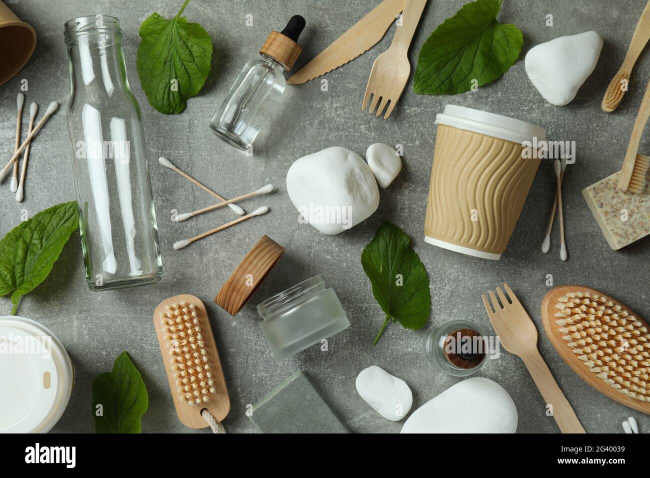Eco friendly zero waste concept on gray textured background Stock Photo ...