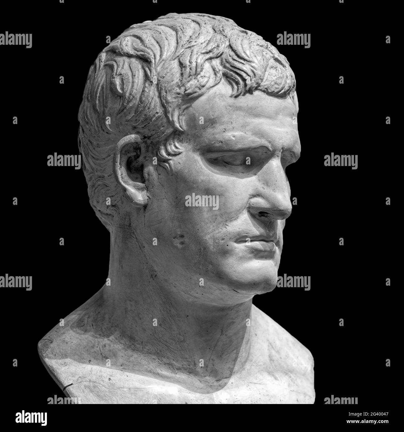 Head detail of the ancient man sculpture. Stone face isolated on black ...