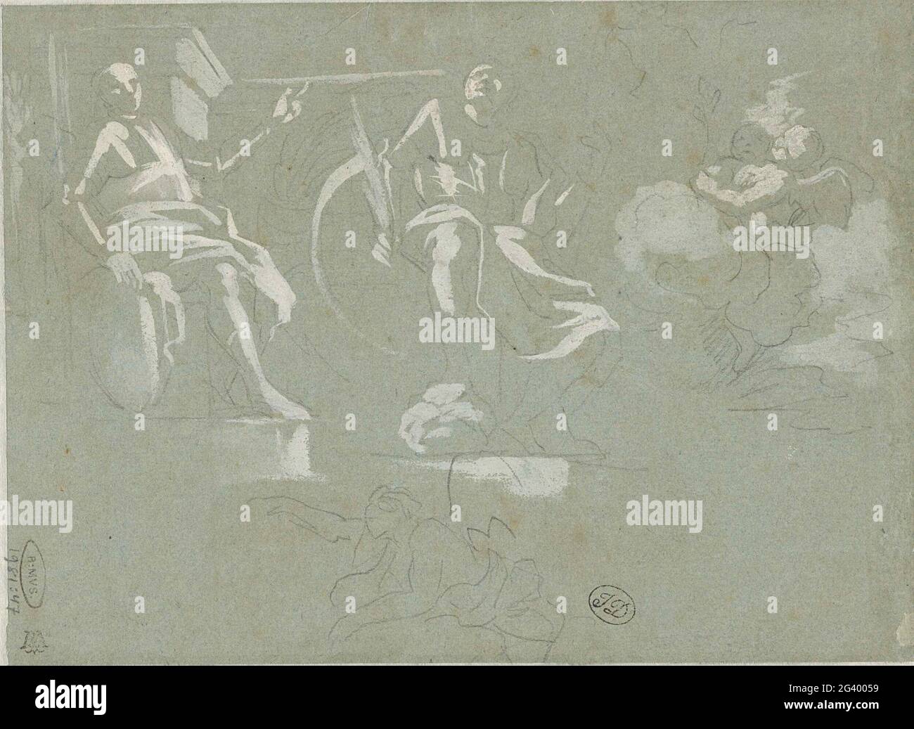 Two seated figures and angels on clouds. Two seated figures (the holy ...