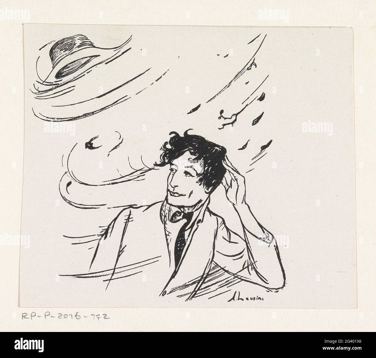 Father's hat is harvested by a gust of wind. Father walks outside in ...