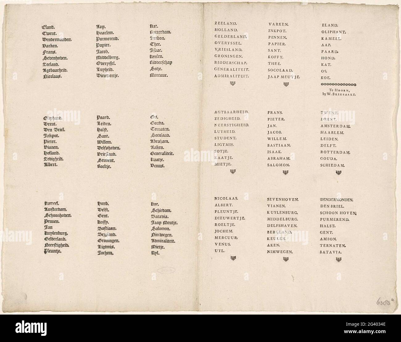 Riddle game, ca. 1765. Text sheet with twice nine yet unexposed cards for a rock game. There are nine words on every ticket, including many names of places, animals and boy names.