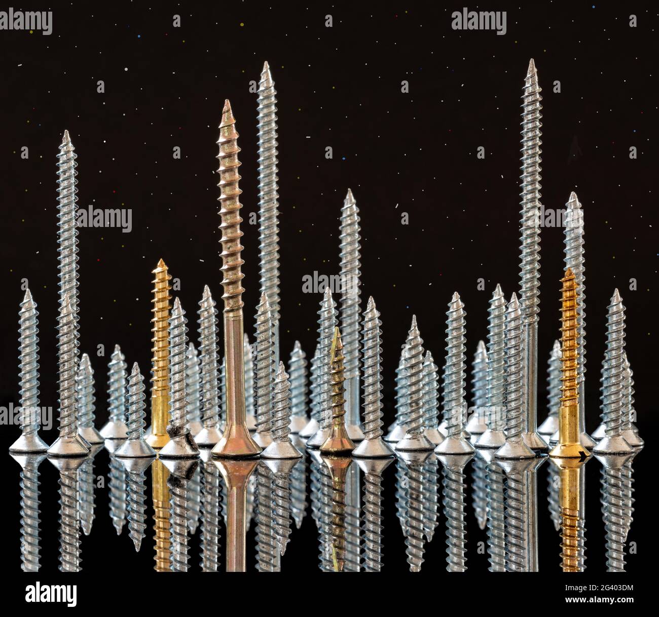 Screws, arranged to appear like Skyscrapers in a city, with stars in ...