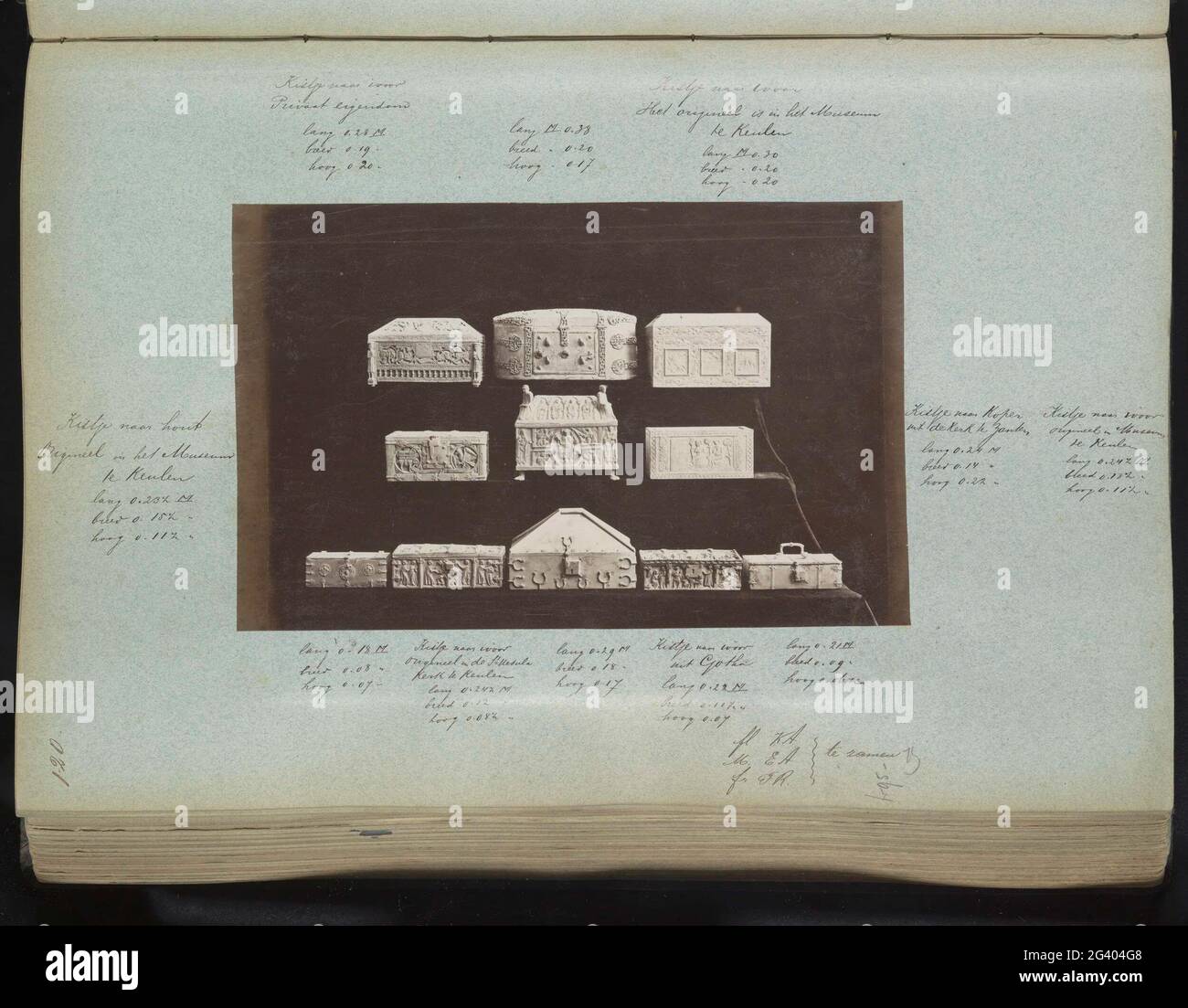 Eleven plaster casts from wooden, ivory and copper boxes Stock Photo ...