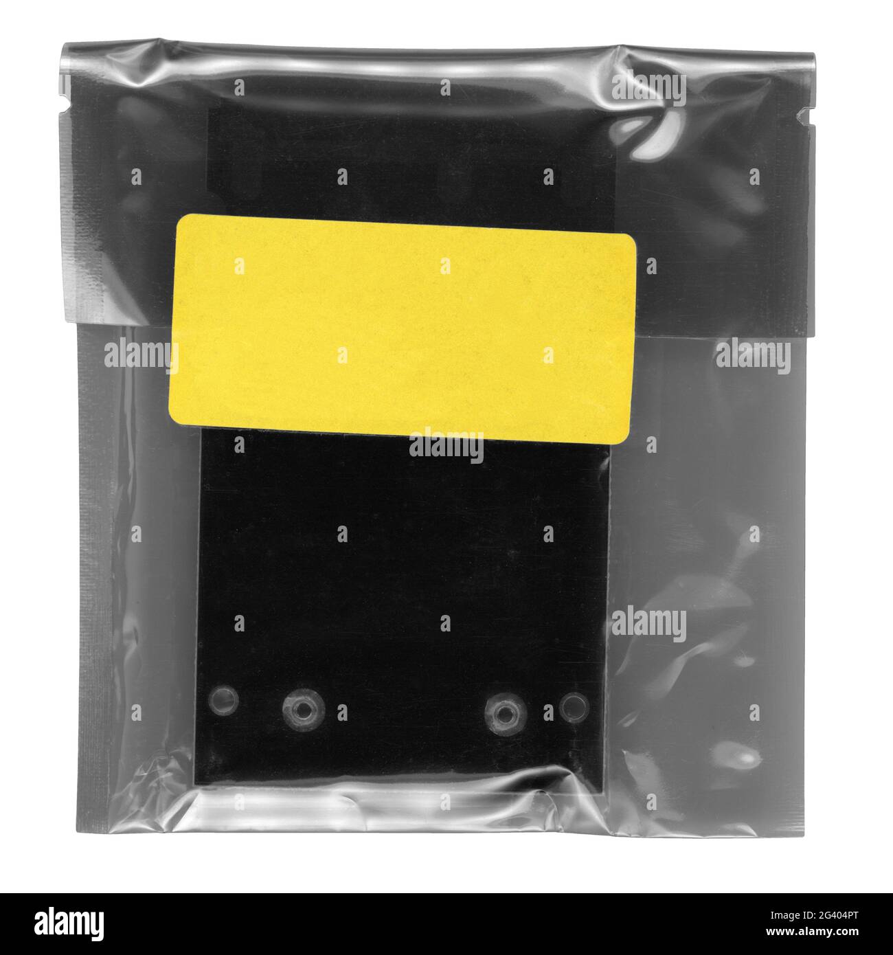 Sachet with yellow tag label isolated over white Stock Photo - Alamy