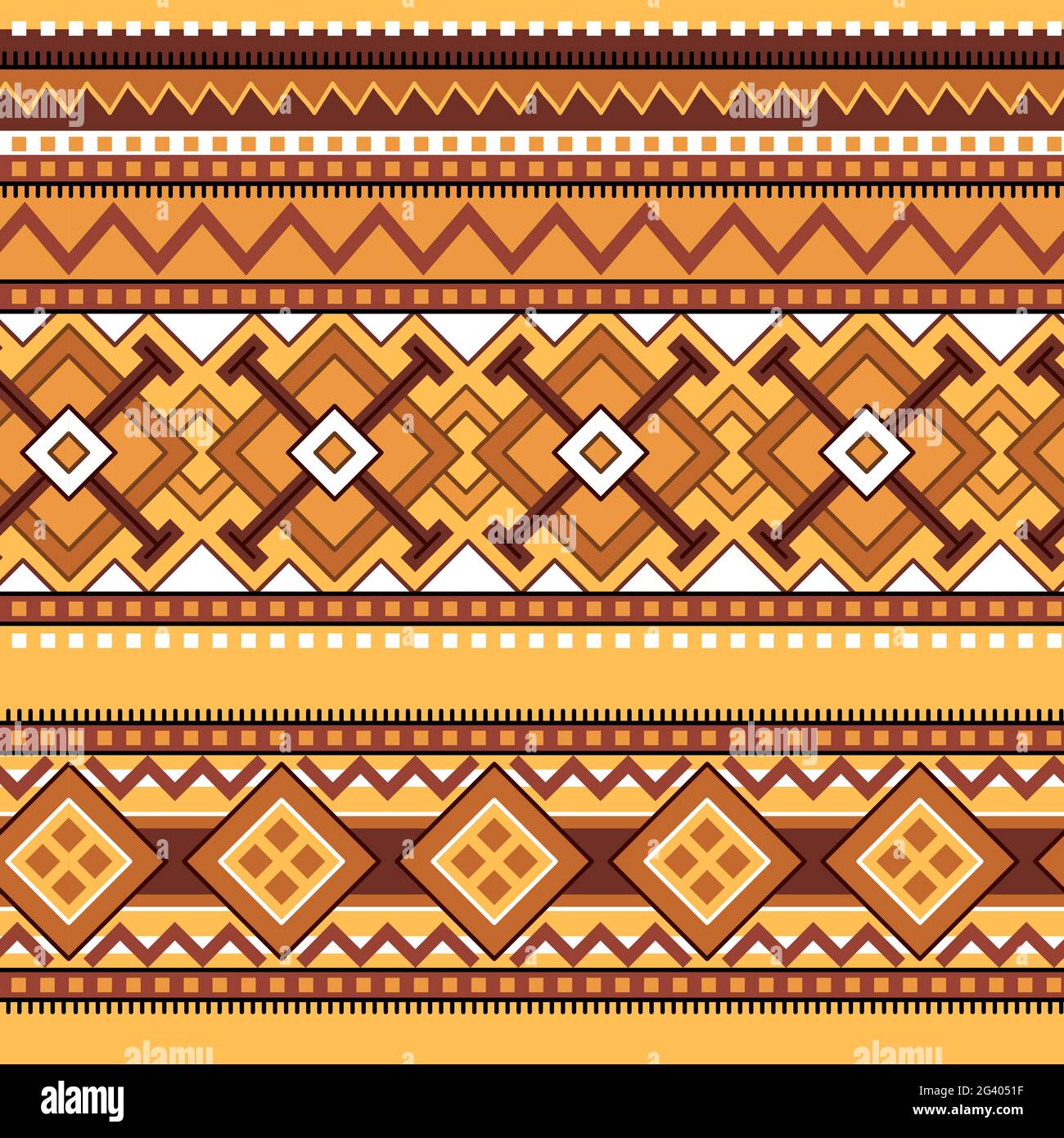 Original seamless pattern of stripes with geometric ornament in ethno style. Ocher coloring ...