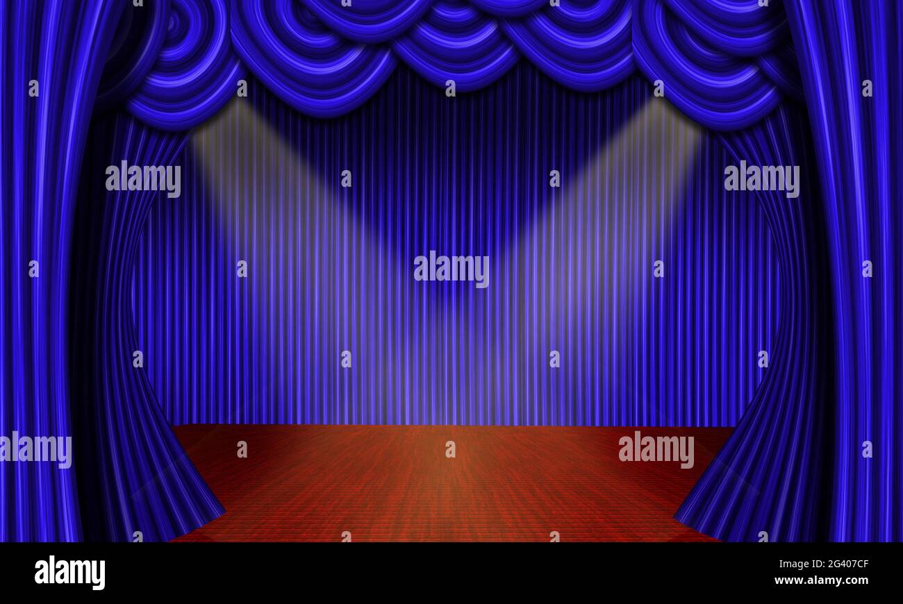 Illustration of a blue theater stage with spotlights at the center ...