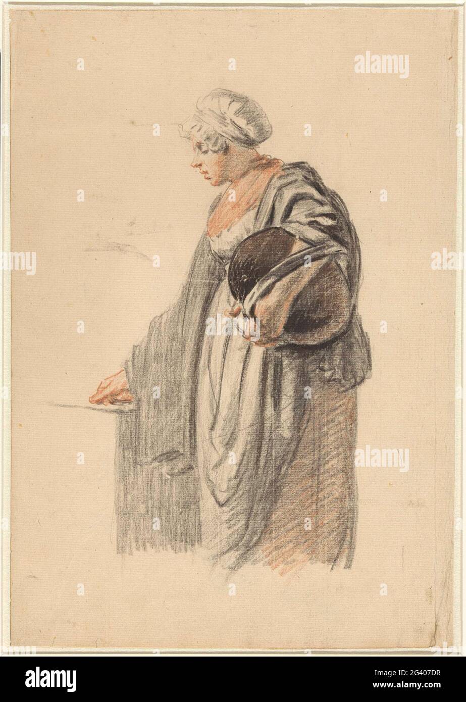 Standing woman with a bucket under the arm Stock Photo - Alamy