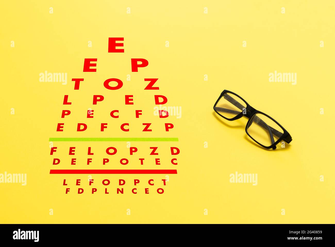 flat lay of the eyesight chart test, otical view check with glasses ...