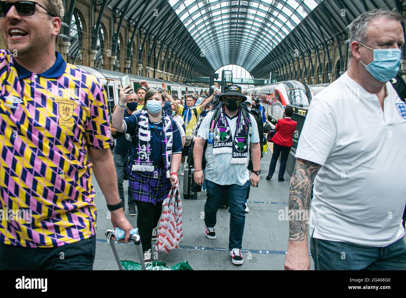 KINGS CROSS LONDON 18 June 2021. Scottish Tartan army football fans ...