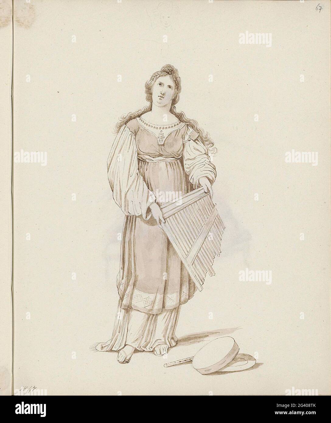 Standing woman with a pan flute. At the feet of the woman are a flute ...