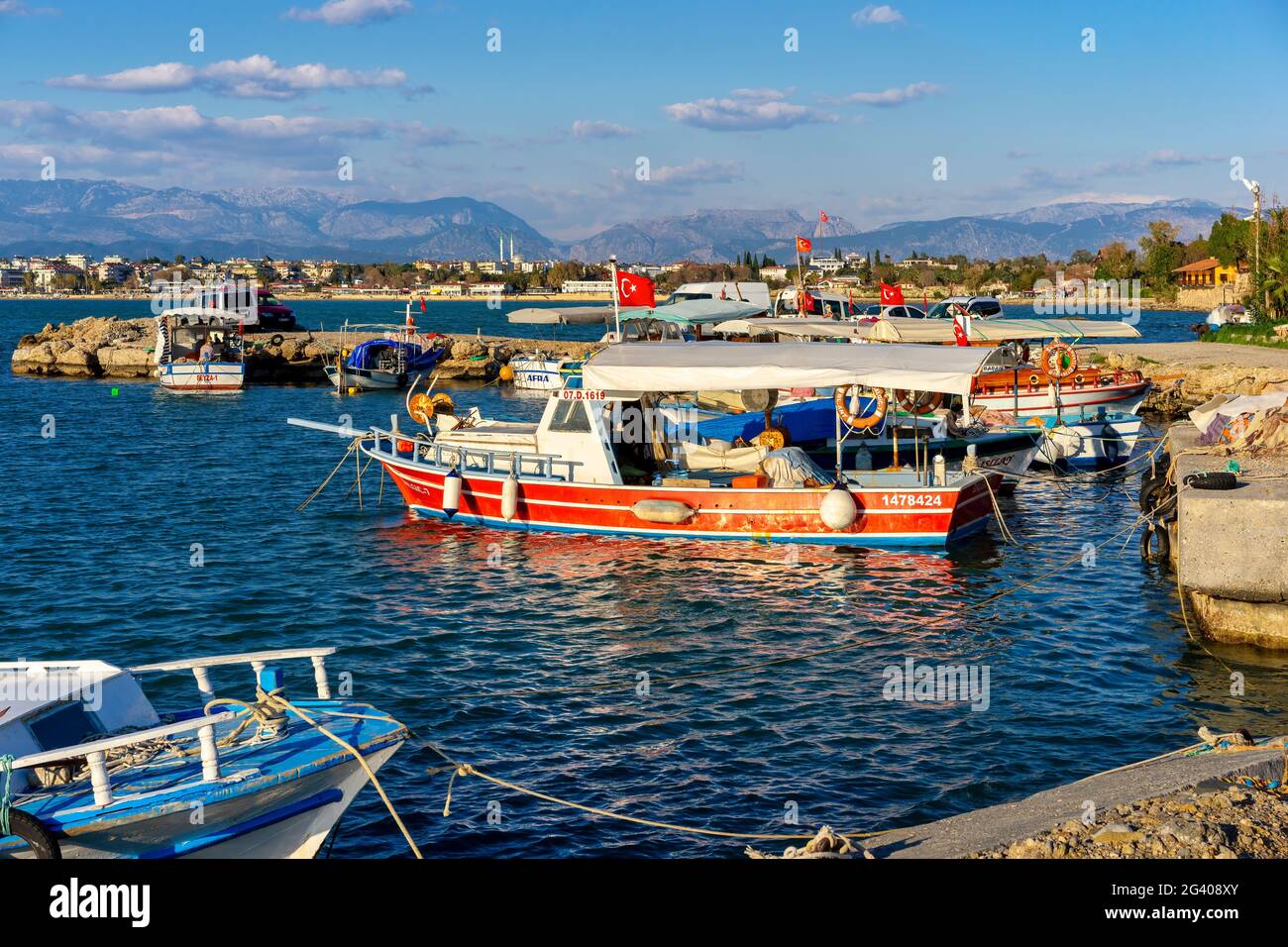 Fishing boats in the harbor of Side, Turkish Riviera, Turkey, Western ...