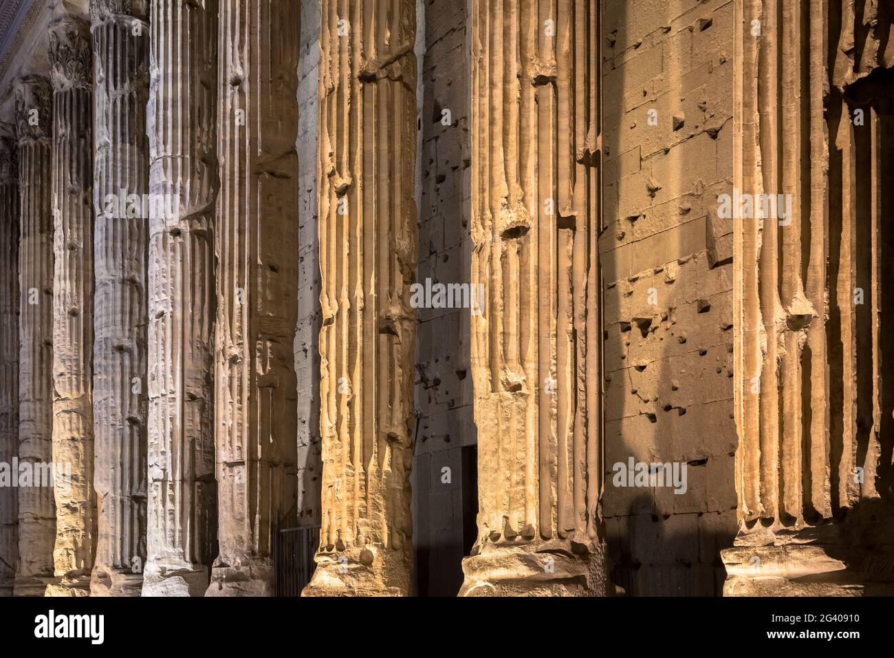 Detail of illuminated column architecture of Pantheon by night, Rome ...