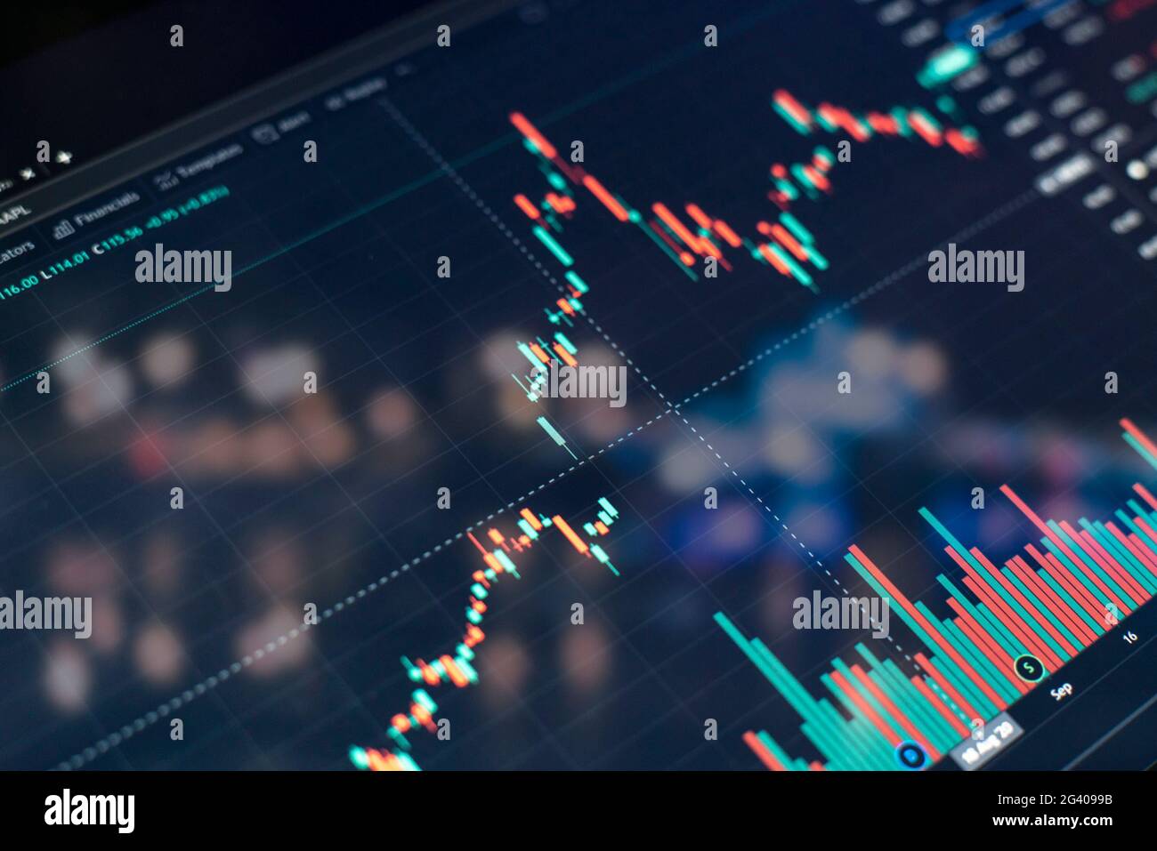 close up monitor screen with chart of stock graph, finance growth ...