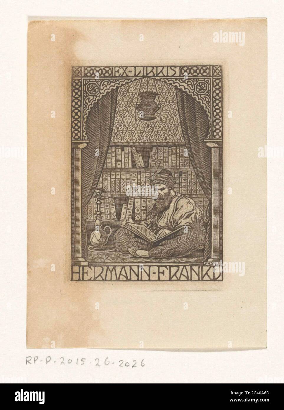 Ex libris by Hermann Frankl. Library in oriental style with a reading ...