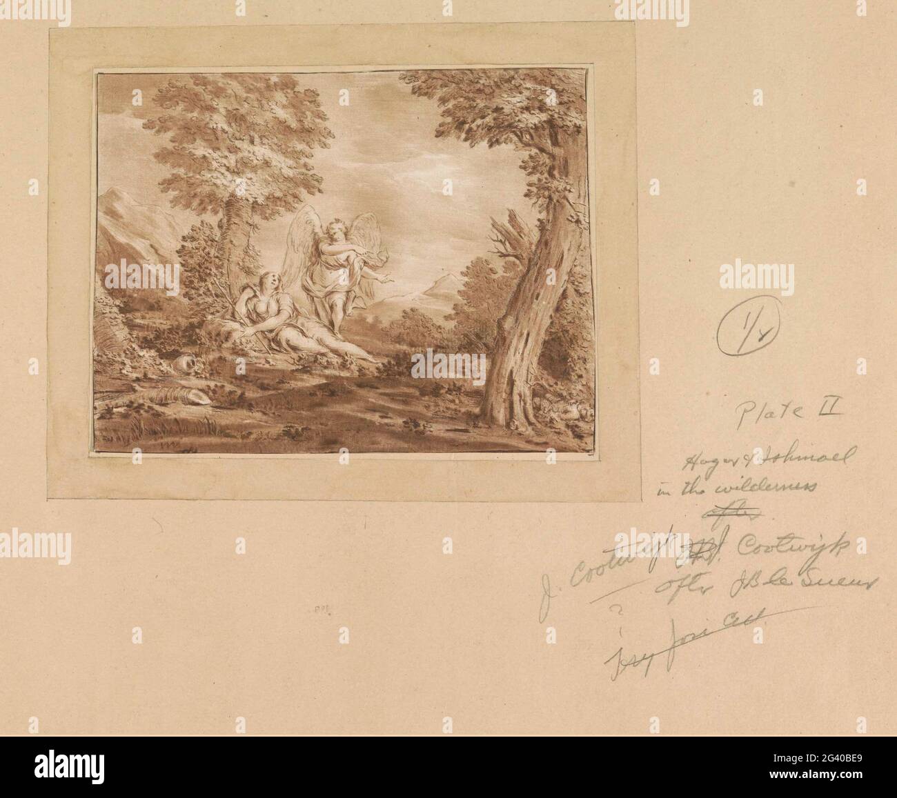 Hagar in the desert. Hagar is on the ground in a mountainous landscape ...