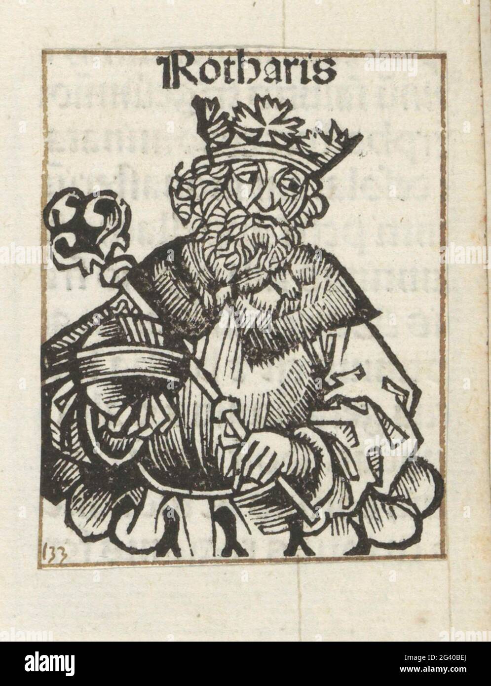 King Rothari; Rotharis; Liber chronicarum. A flower celk with a king ...
