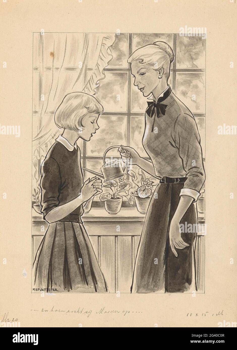 Girl and her mother at a window. A girl is opposite her mother at a ...