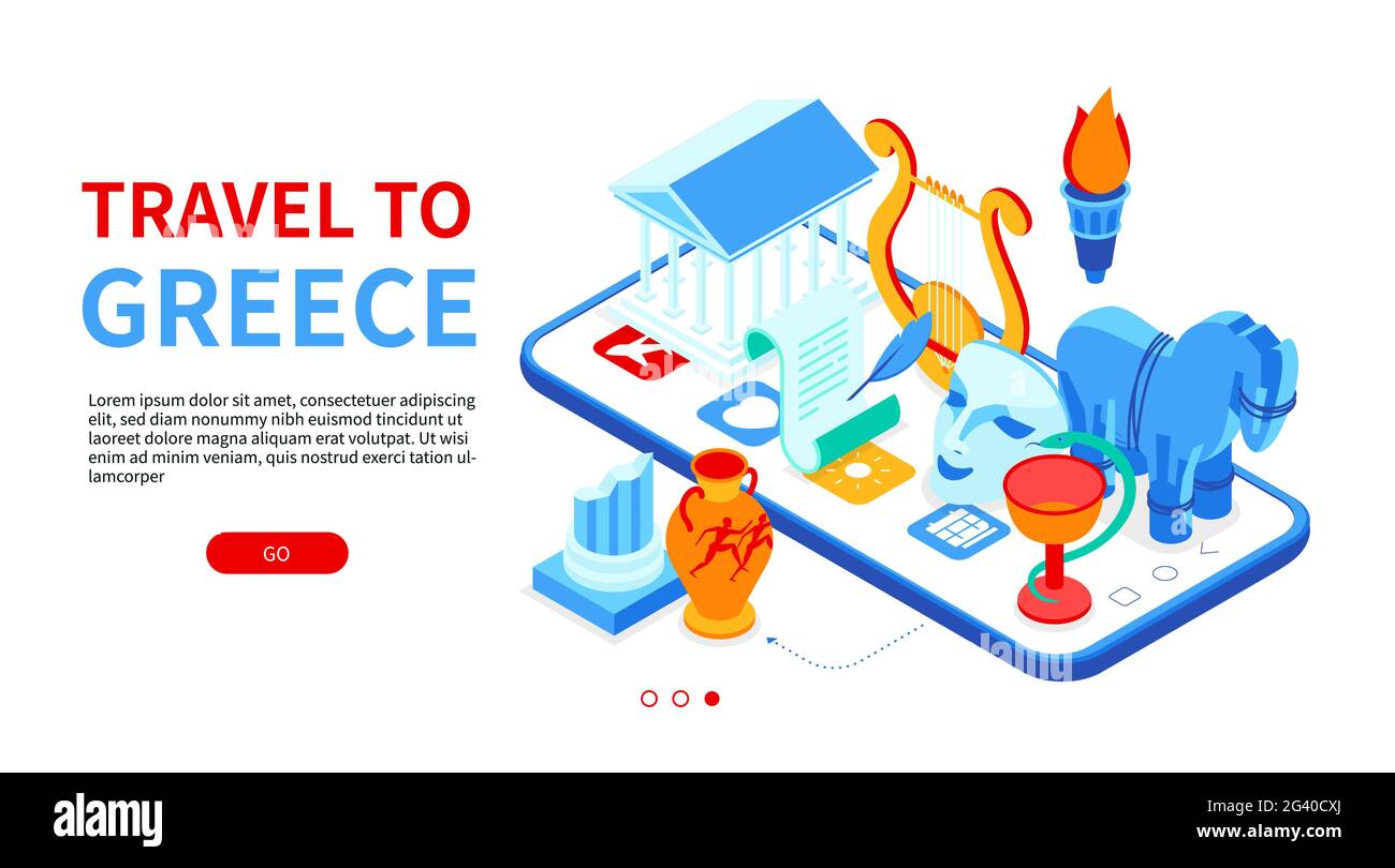 Travel to Greece - colorful isometric web banner with copy space for ...