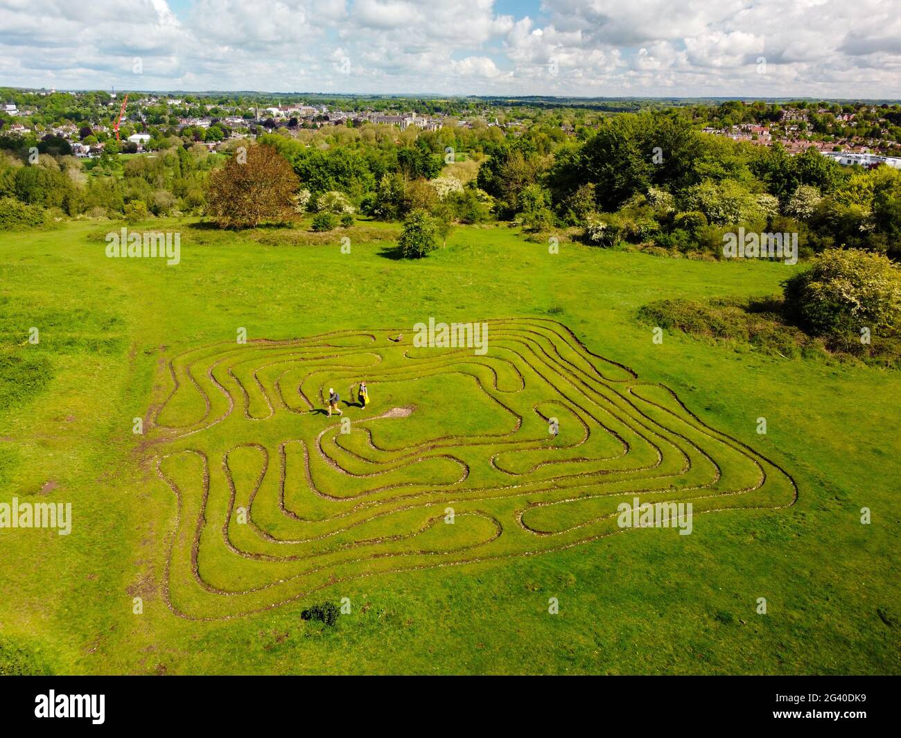 People walk around the Ancient Mizmaze on St Catherine's Hill near ...