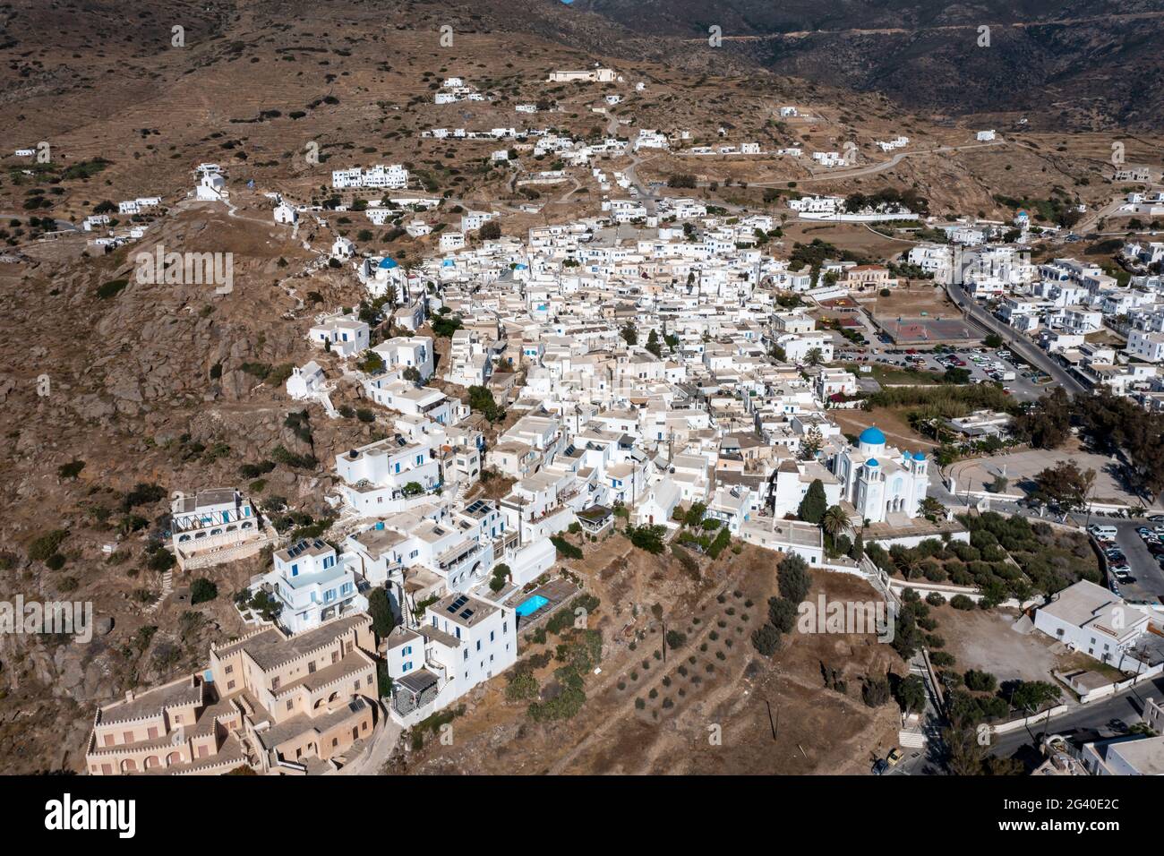 Ios Cyclades islands, Greece. Chora town aerial drone view. Traditional ...