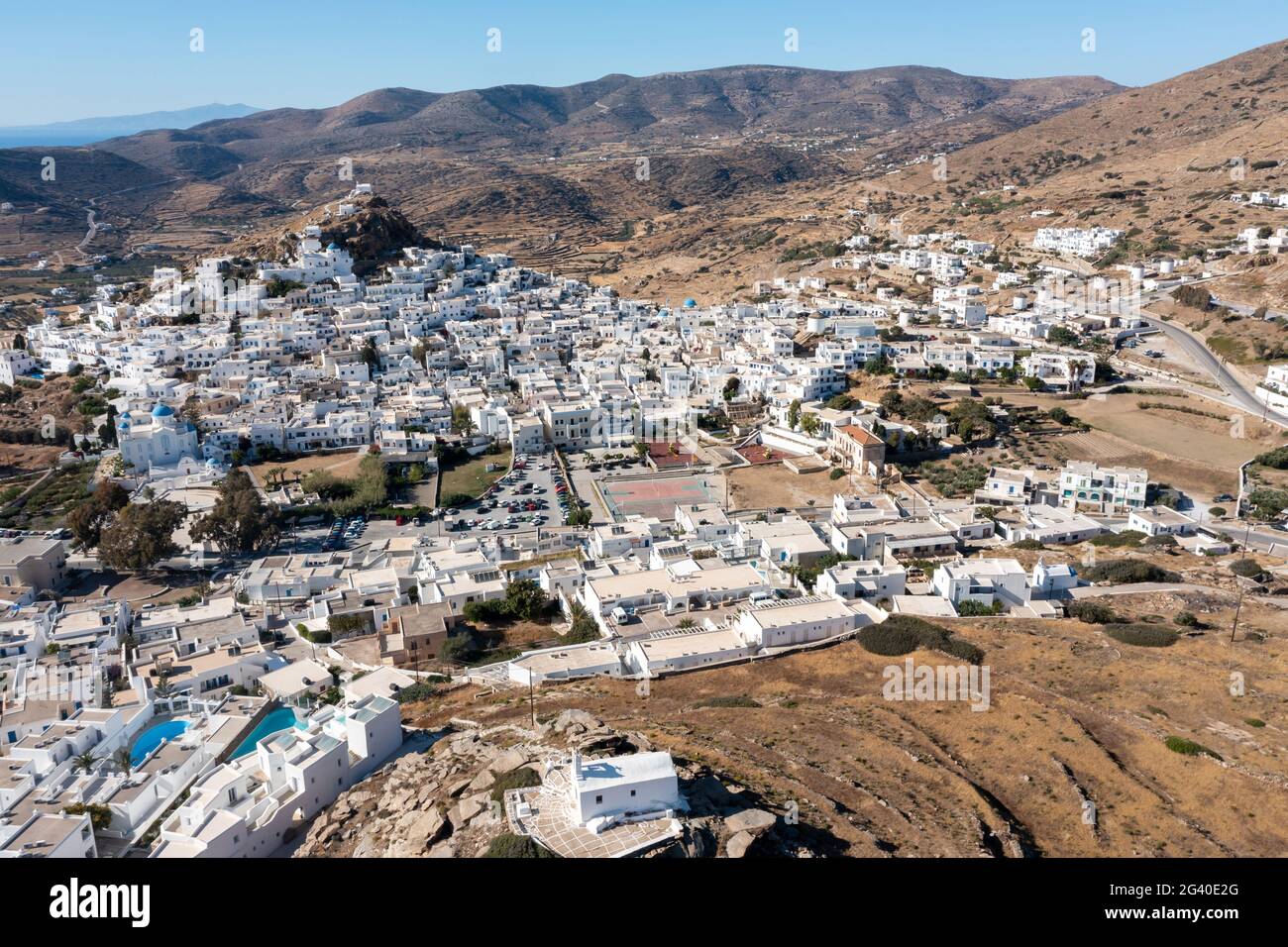 Ios Cyclades islands, Greece. Chora town aerial drone view. Traditional ...