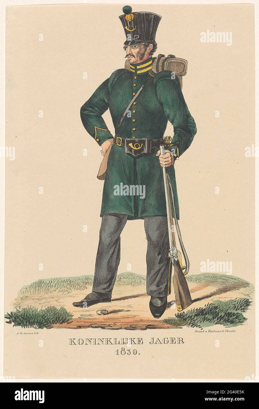 Royal Jager, 1830. Uniform of a royal hunter, 1830. Standing, the gun ...
